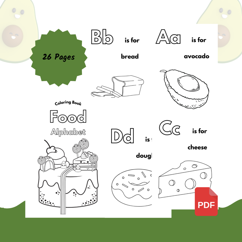 Printable Food Alphabet Coloring Book for kids in PDF